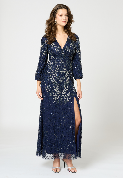BEAUUT Embellished Sequin Beaded Maxi Dress with Sleeves